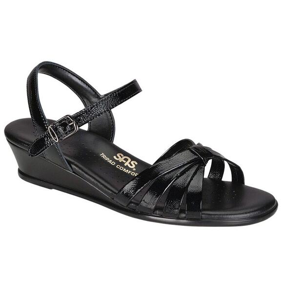 SAS | Shoes | Sas 75w Black Strappy Quarter Strap Wedge Sandals Patent ...